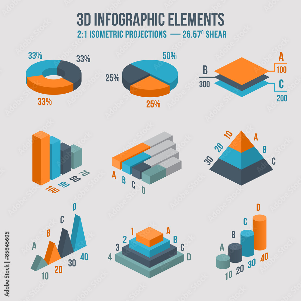 Isometric 3d vector sign. Pie and donut chart, layers graphs Stock ...