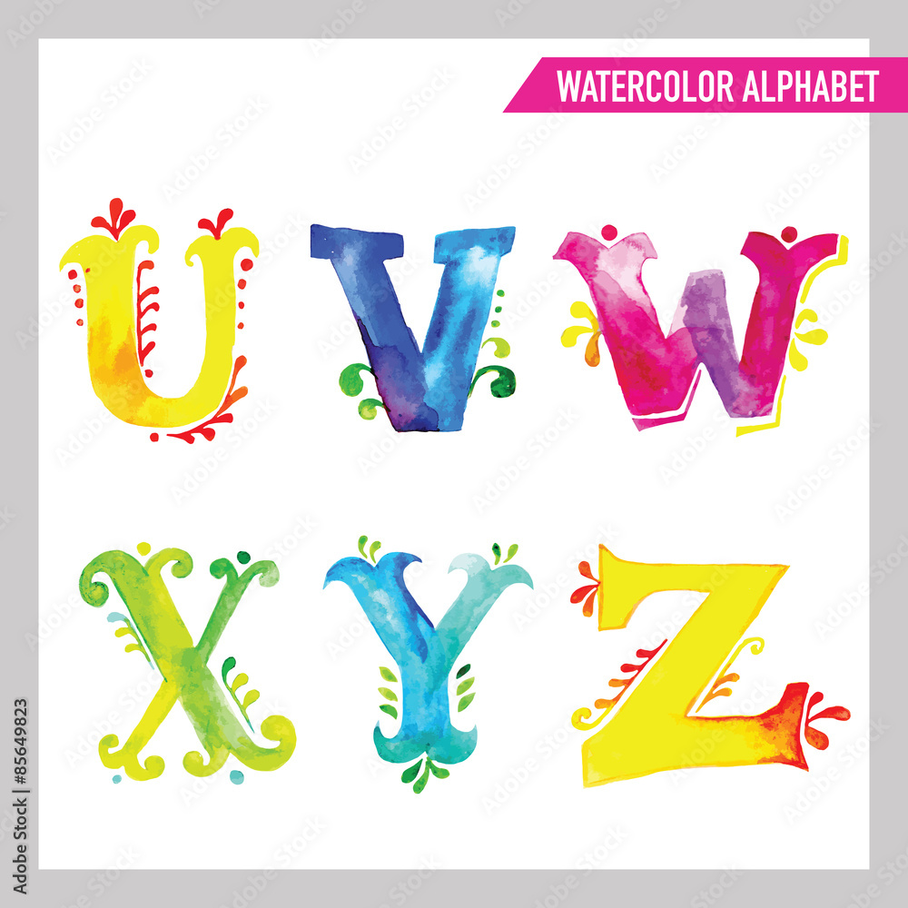 Watercolor Alphabet. Watercolor Font. ABC Painted Letters U-Z Stock ...