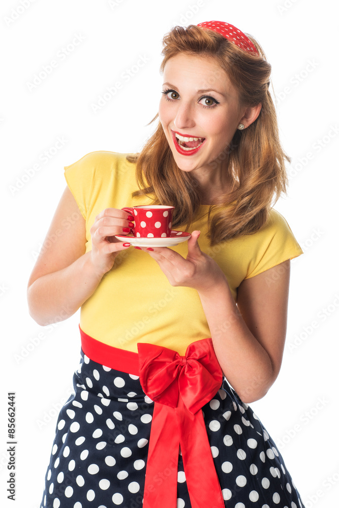 Pin up Mädchen trinkt eine Tasse Kaffee Stock-Foto | Adobe Stock