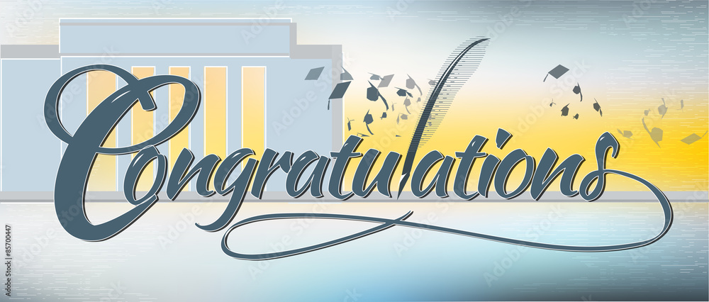 Congratulation text banner with mortars flying and silhouette of ...