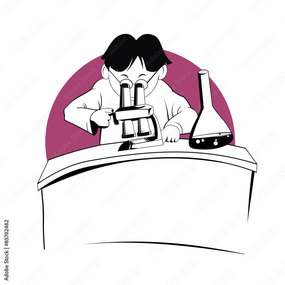 Vector Cartoon of a scientist looking through microscope at laboratory ...