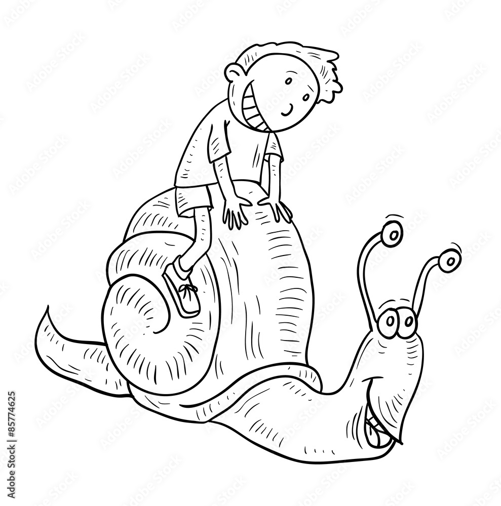 cartoon boy ride snail, vector illustration. Stock Vector | Adobe Stock
