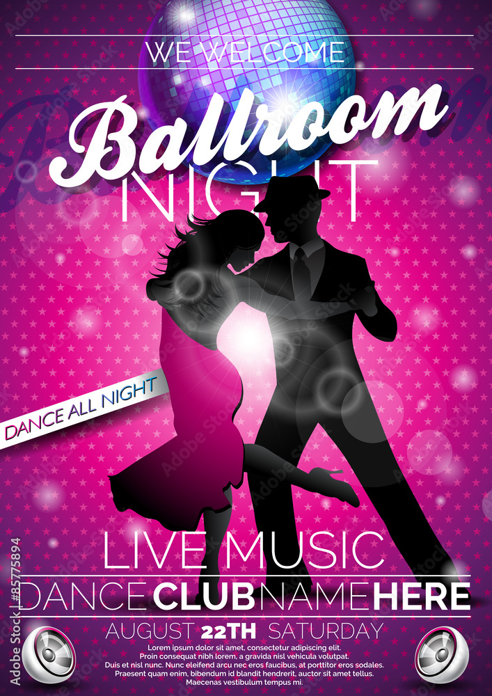 Vector Ballroom Night Party Flyer design with couple dancing tango on ...