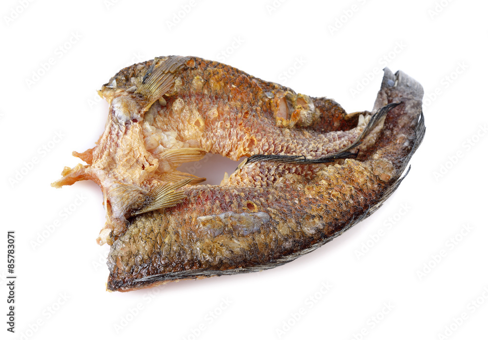 fried marinated baby mud-fish one sun on white background Stock Photo ...