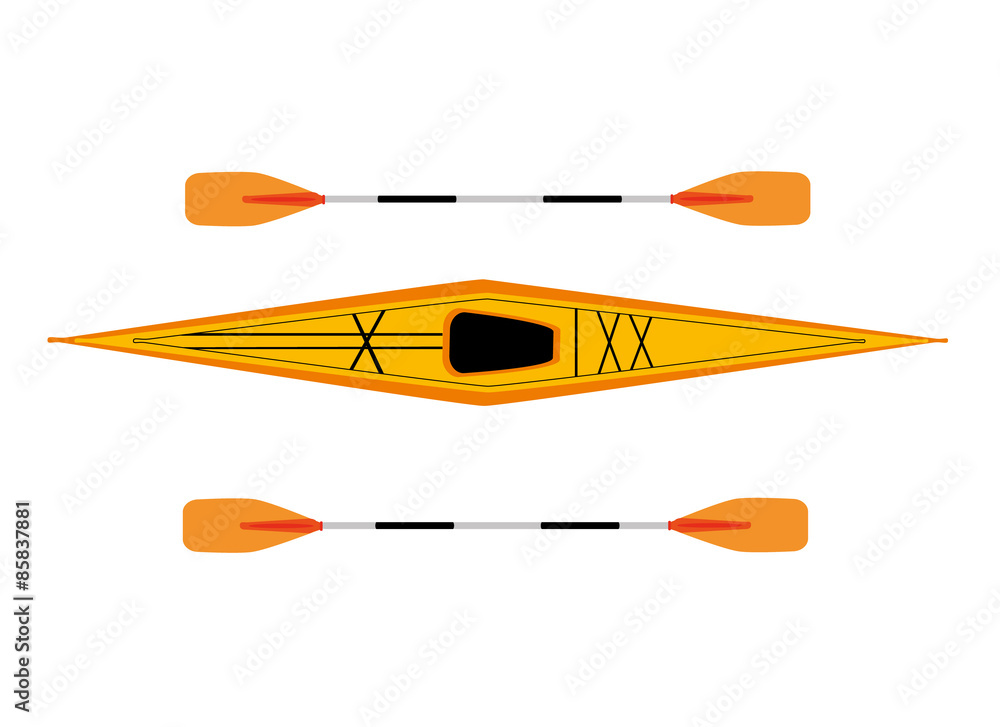 Vector illustration of orange kayak and plastic, rowing oar. Kay Stock ...
