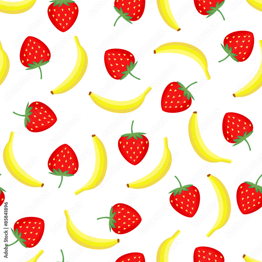 Seamless pattern with yellow bananas and juicy strawberries. Cute ...