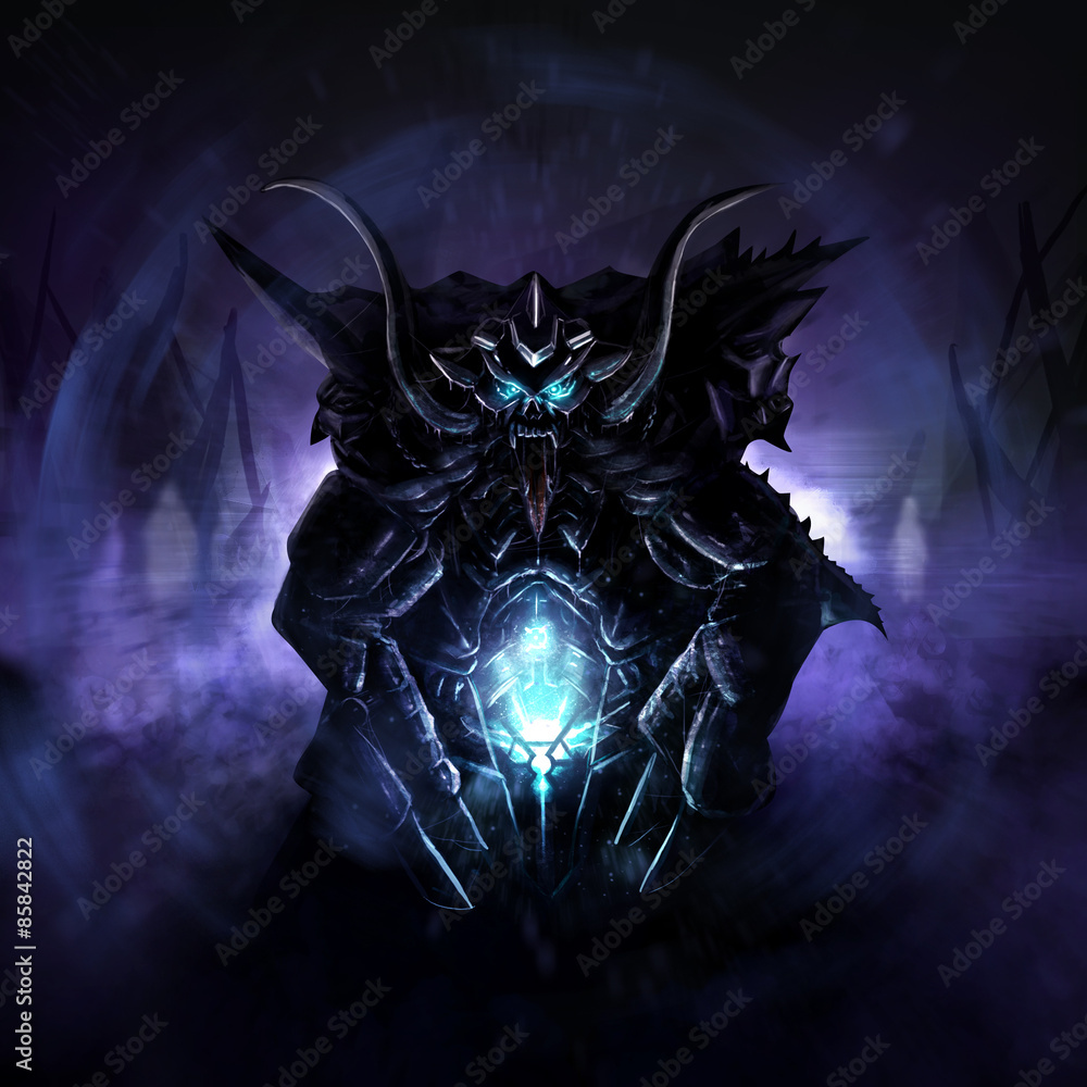 Fantasy horror black Sci-fi steel monster with various faces and neon ...