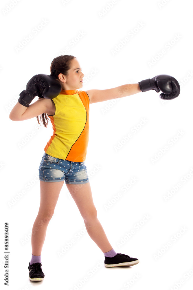 Young boxer girl on white studio background Stock Photo | Adobe Stock