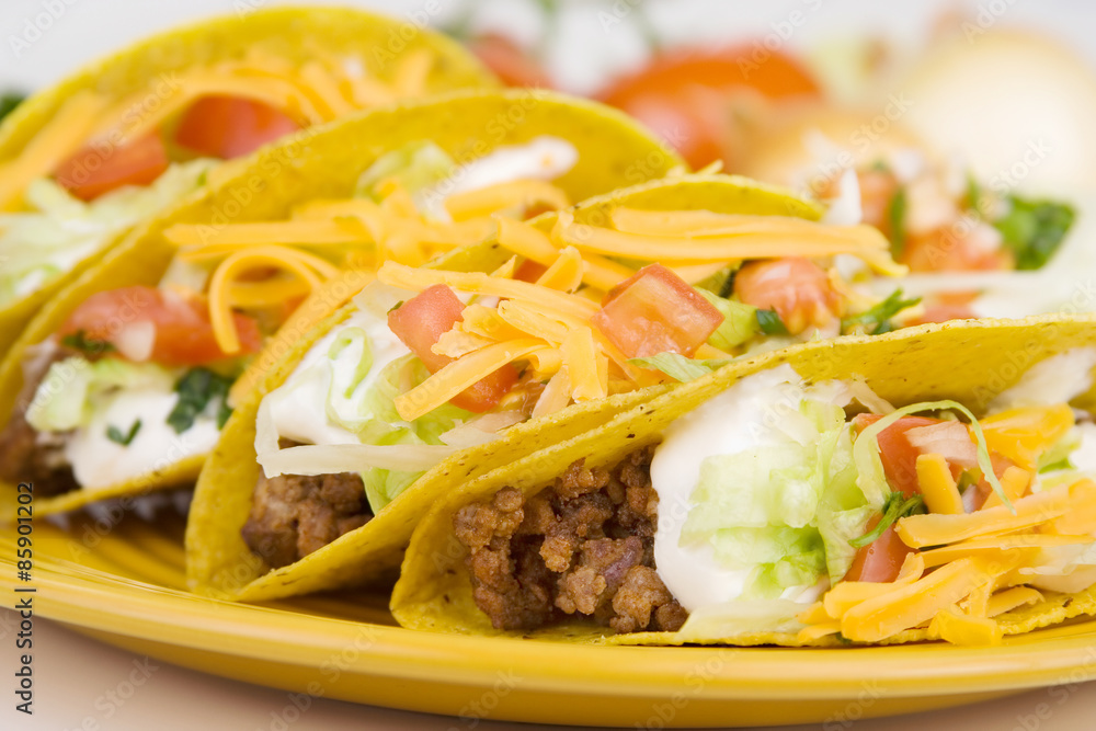 Taco Plate – Four ground beef tacos, with sour cream, cheddar cheese ...