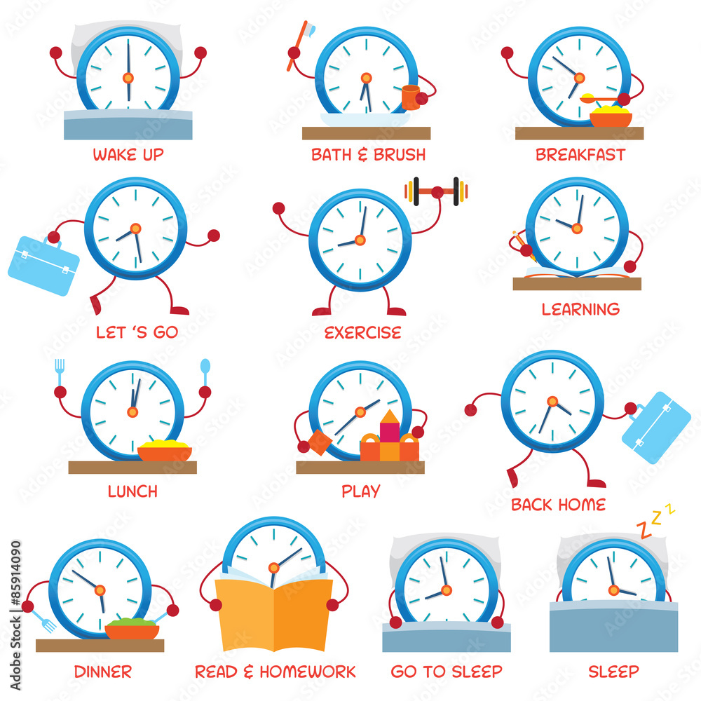 Clock Character Daily Routine, timetable Stock Vector | Adobe Stock