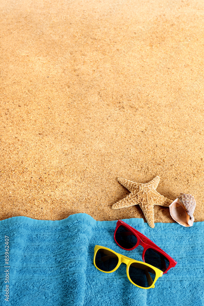 Caribbean tropical beach background sand border with sunglasses and ...