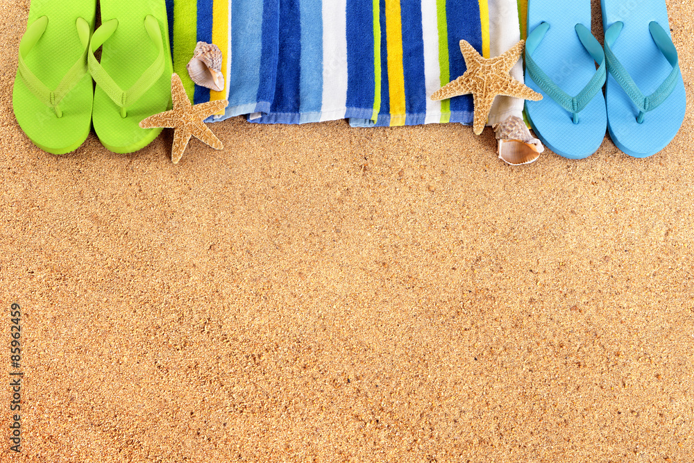 Beach top border with flip flops in a row line tropical background sand ...