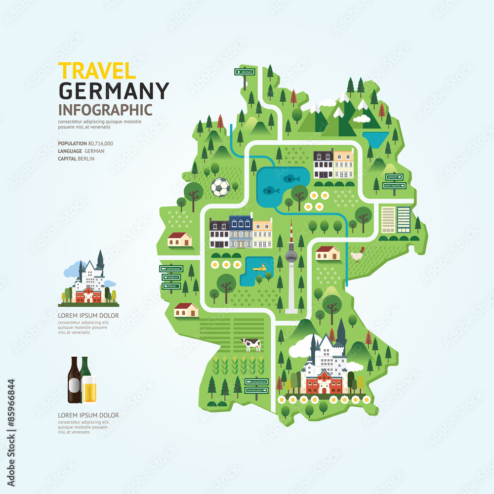 Infographic travel and landmark germany map shape template desig Stock ...