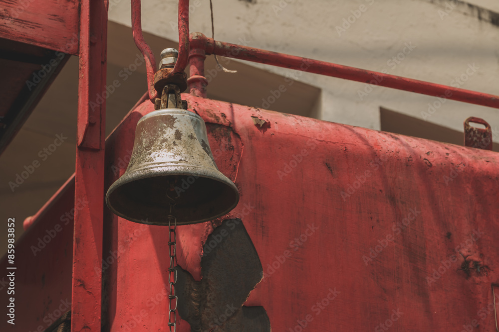 Bell of the old fire engine. Process with Vintage tone. Stock Photo ...