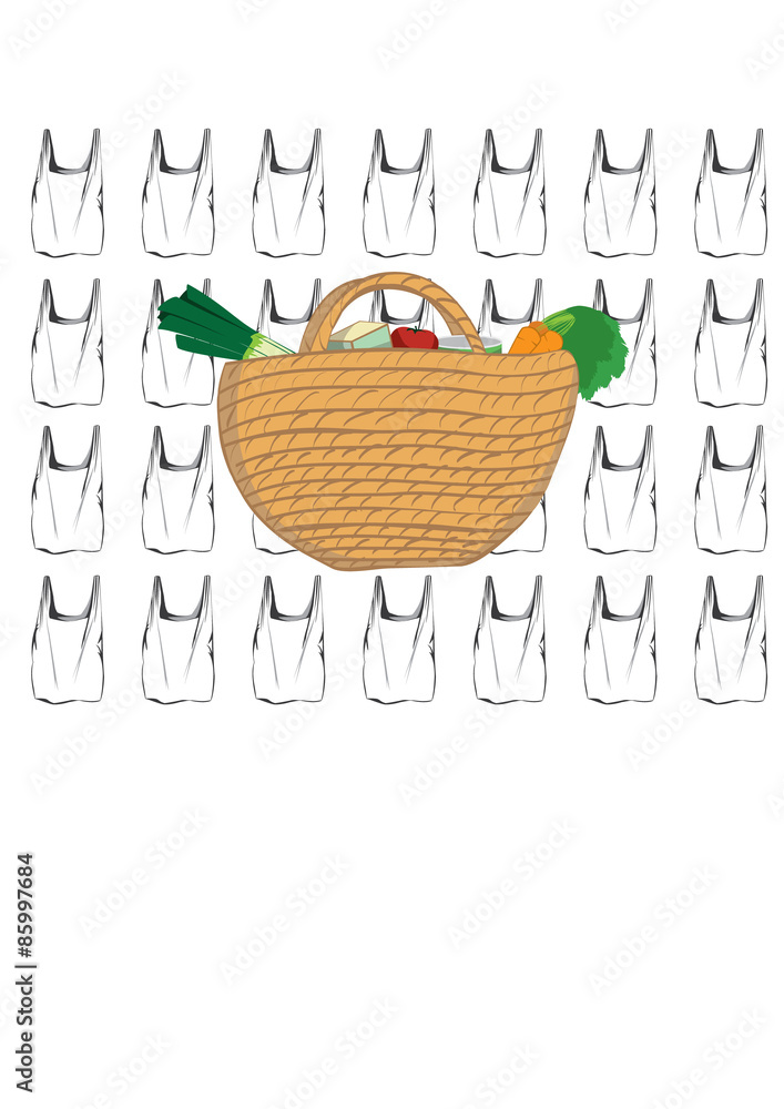 Vector drawing of a wicker shopping basket on a background of plastic ...