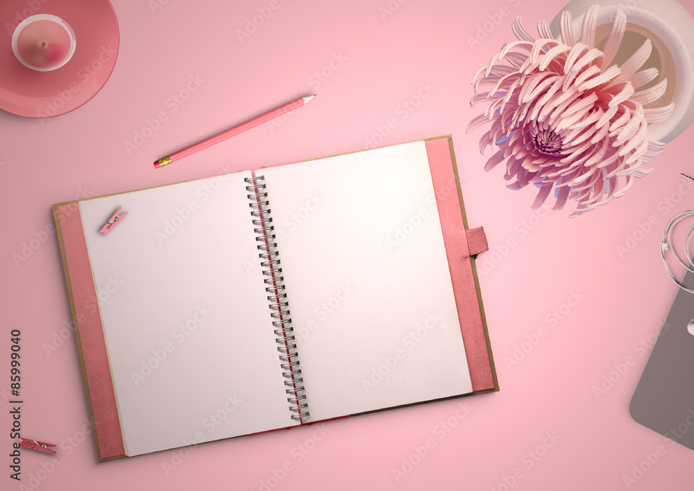 stylish workplace pink, top view - mockup Stock Photo | Adobe Stock