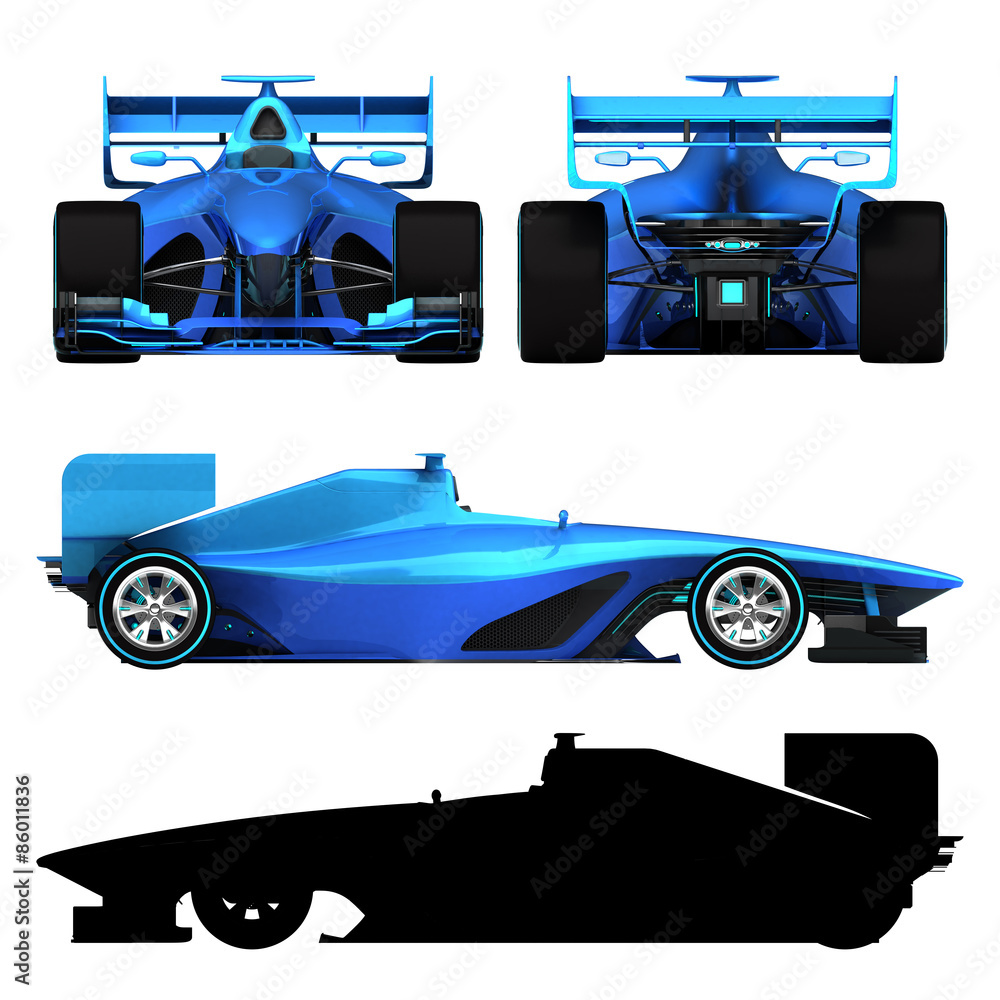 blue 3D formula car isolated on white orthogonal view Stock ...