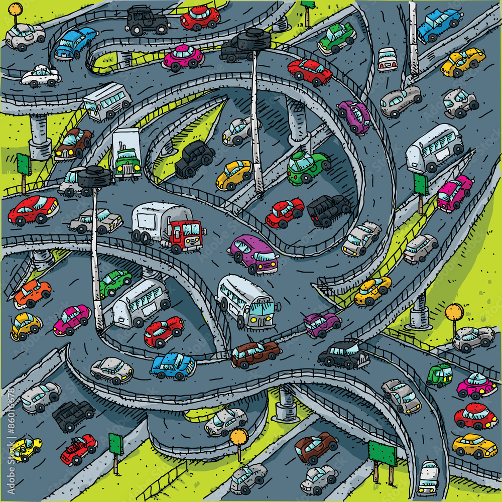 A cartoon illustration of a busy, tangled highway intersection with ...