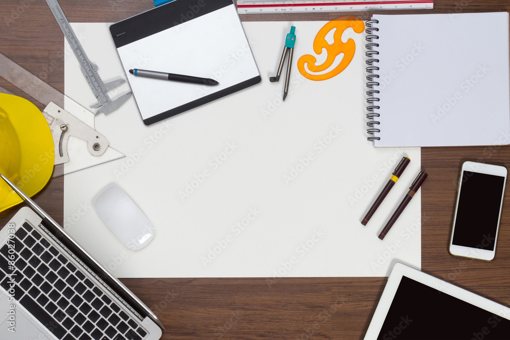 Office desk background with construction project ideas concept view ...