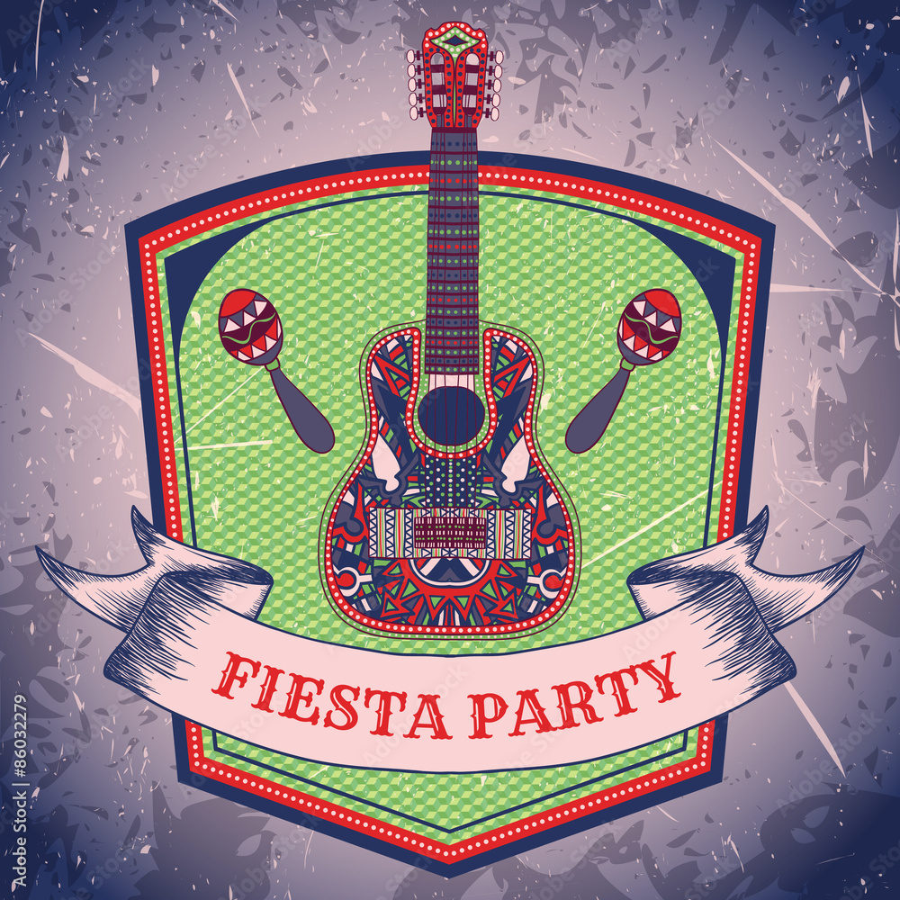 Mexican Fiesta Party label with maracas and mexican guitar .Hand drawn ...