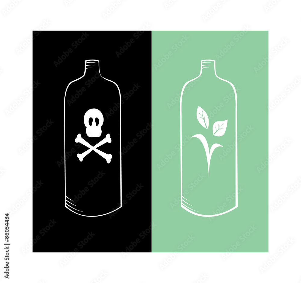 Vector image of two white sketched bottles - one toxic and the other ...