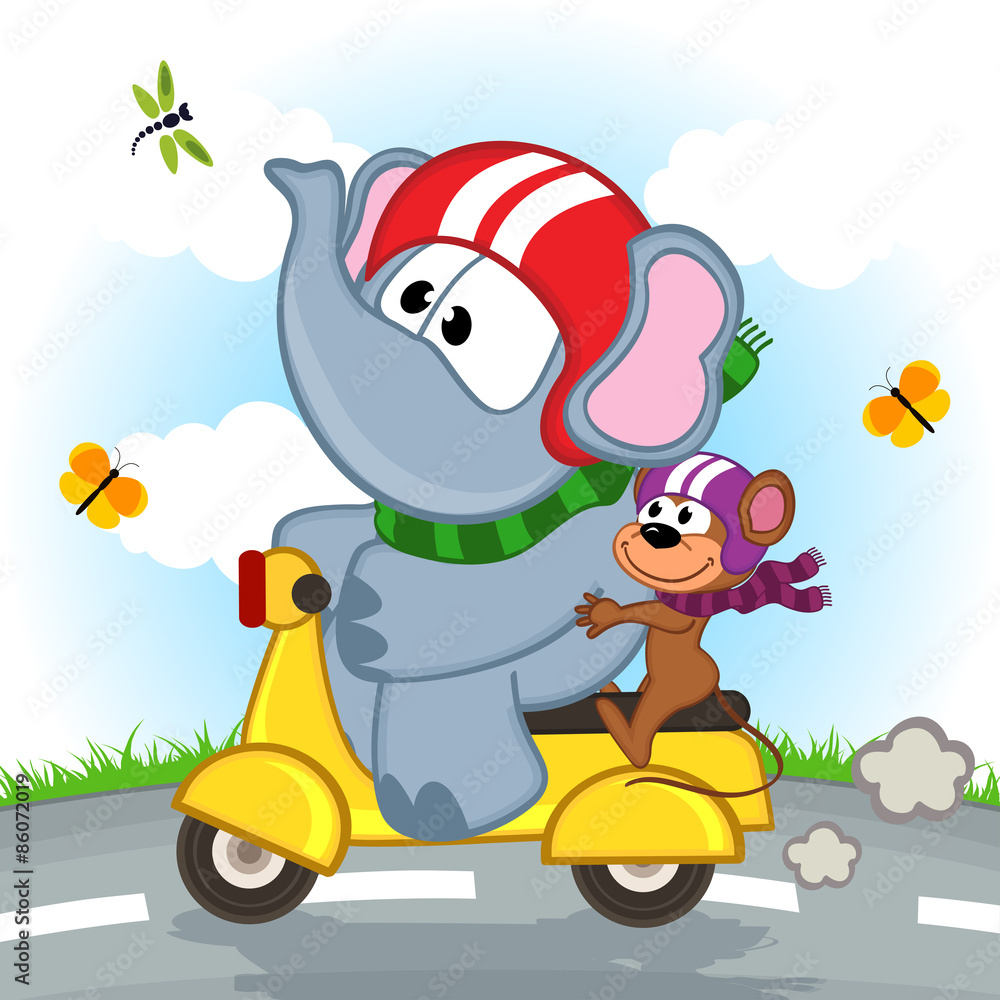 elephant and mouse riding scooter - vector illustration, eps Stock ...