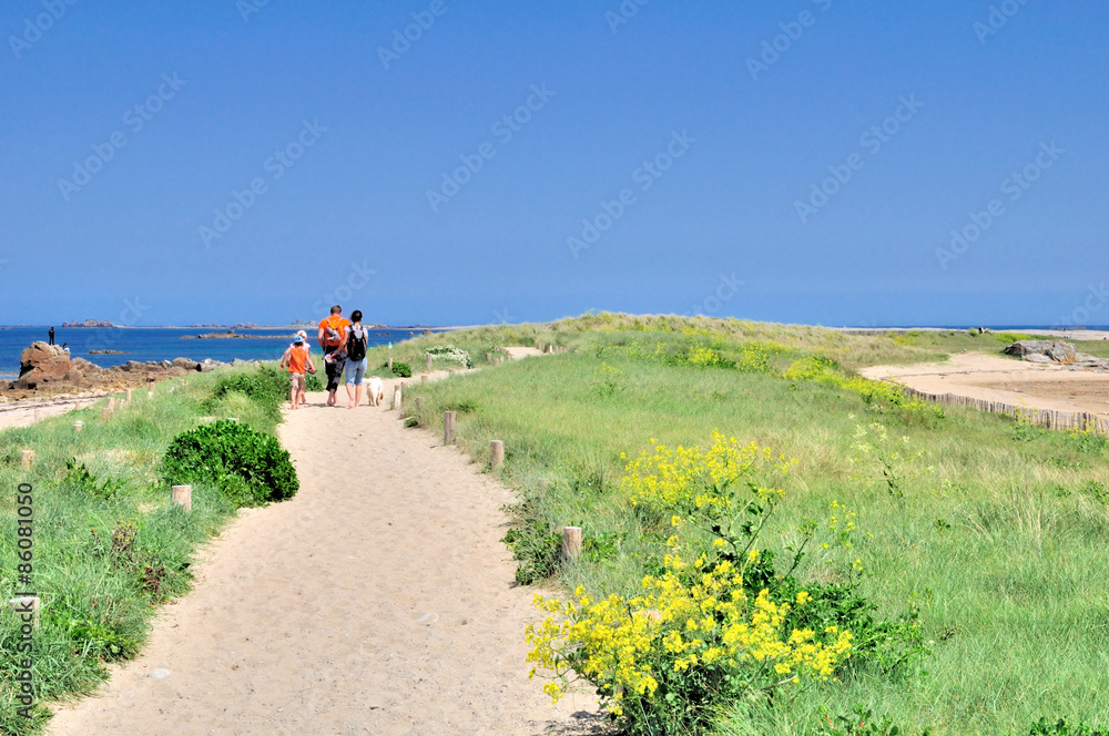 Une famille marche sur le sentier des dunes du sillon de Talbert Stock ...