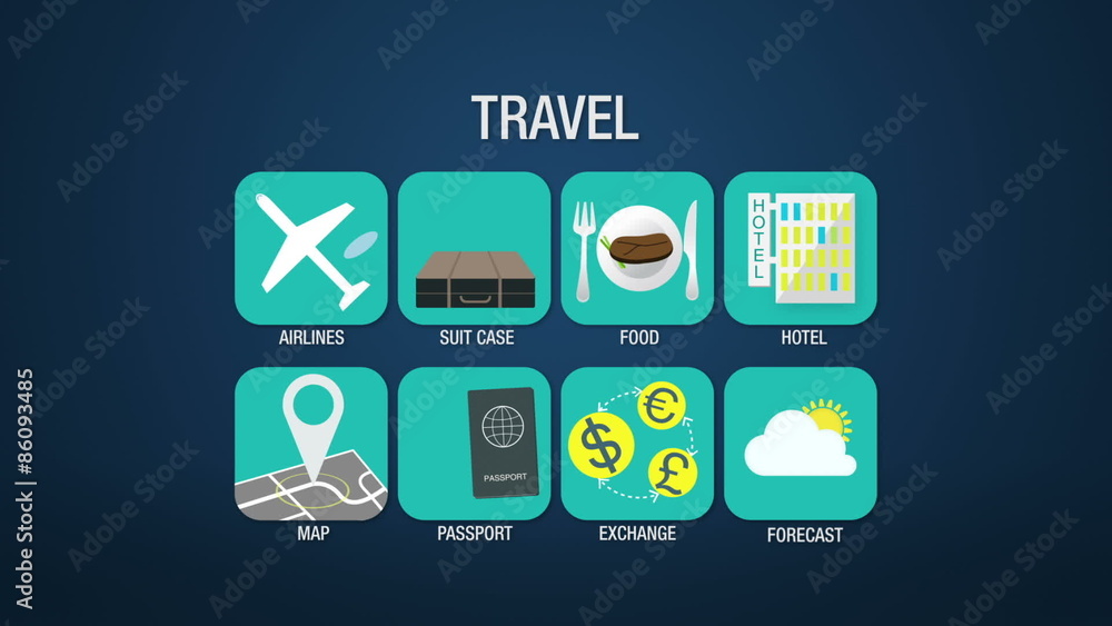 Travel icon set animation,airline,suitcase, food, hotel, map, passport ...