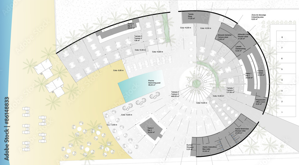 Architectural drawing background. Beach Club as a shell. Template with ...