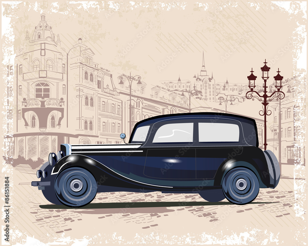 Vintage background with a retro car and old town views. Stock Vector ...