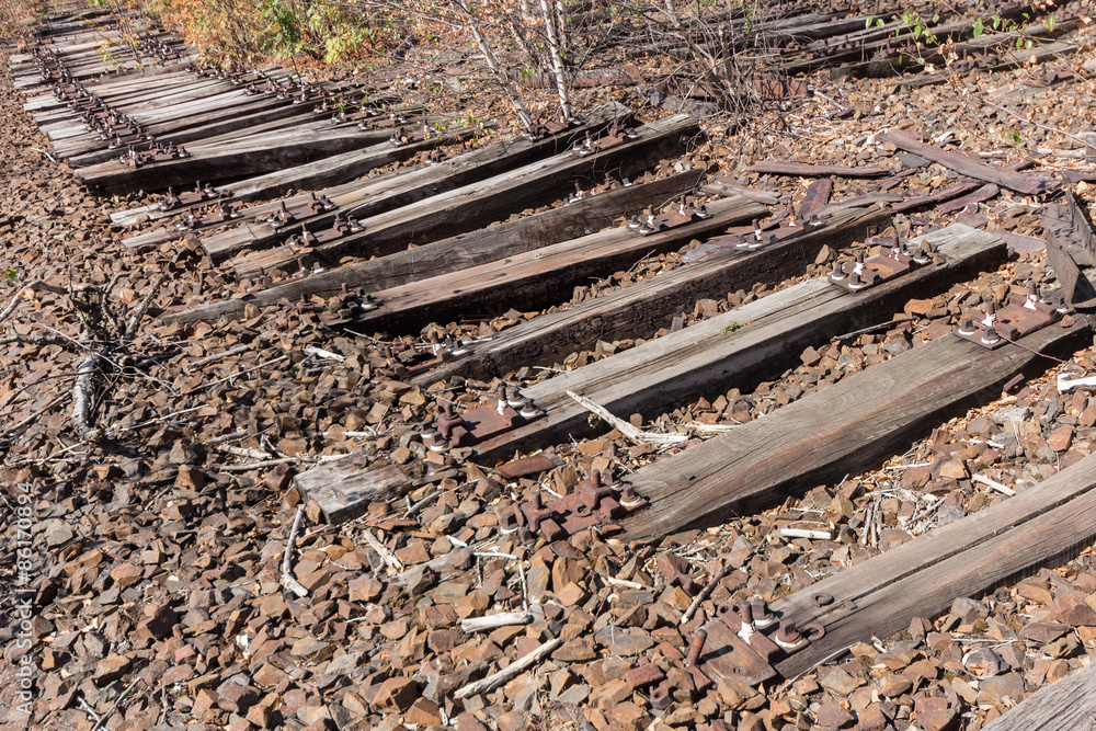 very old railways , abandoned railroad overgrown, destroyed rail track ...