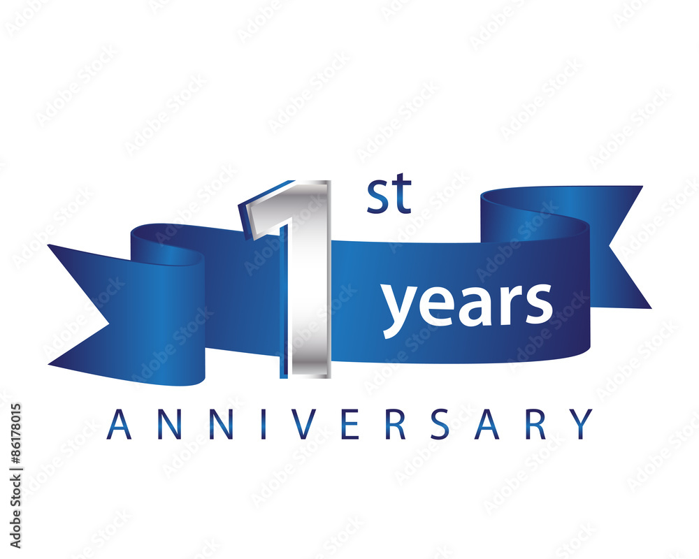 1 Years Anniversary Logo Blue Ribbon Stock Vector | Adobe Stock