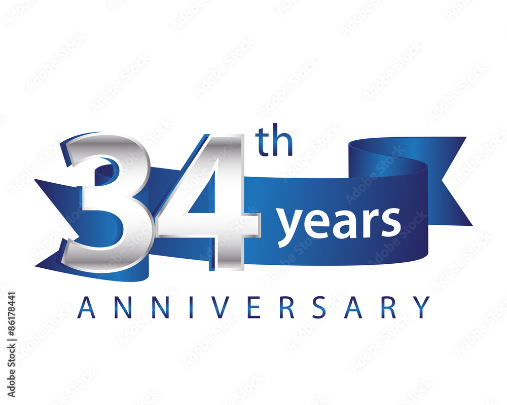 34 Years Anniversary Logo Blue Ribbon Stock-Vektorgrafik | Adobe Stock