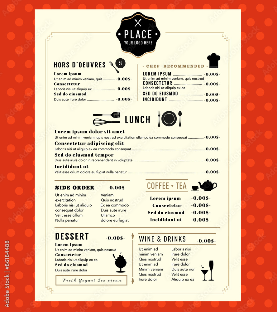 Menu Design with logo Restaurant Cafe shop Graphic Template Stock ...