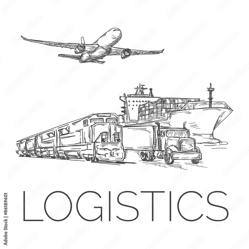 Logistics sign with plane, truck, container ship and train vector ...