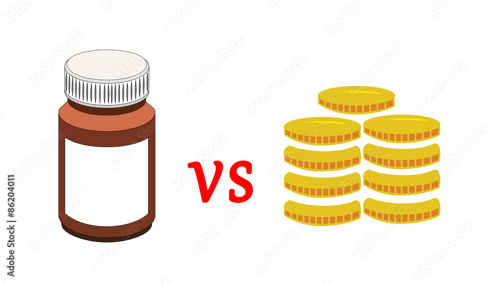 Vector image of a tablet bottle, a versus sign and coins Stock Vector ...