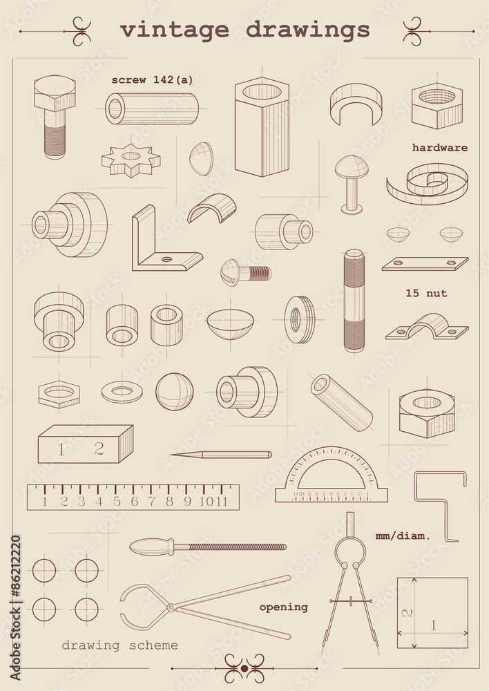 Vintage drawings. Set of vintage drawings of different components in ...