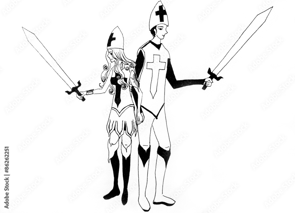 Line drawing of warrior man and women fighting together Stock ...