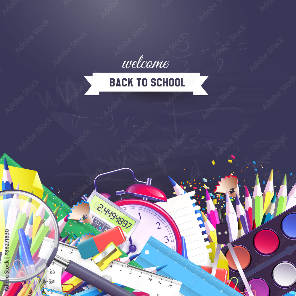 School supplies in front of blackboard - school background with place ...