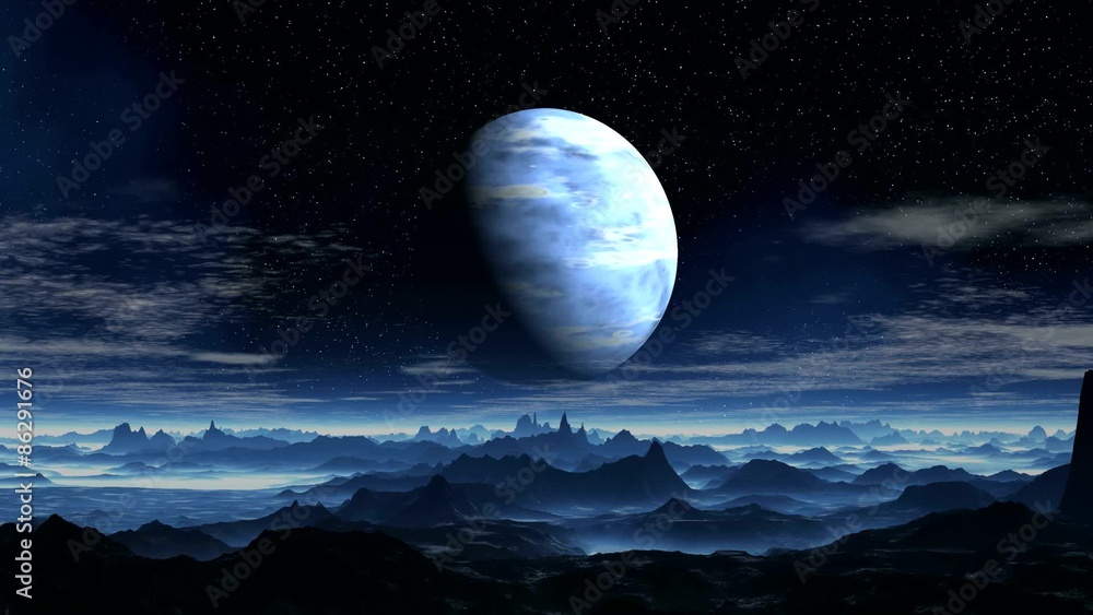 Blue gas giant.Starry night sky. Slowly floating clouds over the ...