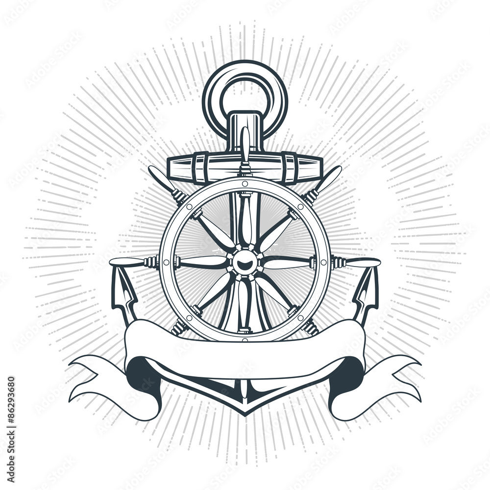 Ship's wheel, anchor and ribbon Stock Vector | Adobe Stock