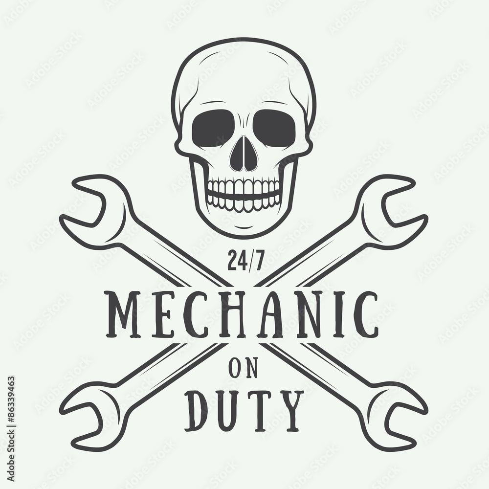 Vintage vector mechanic logo label with skull, wrench Stock Vector ...