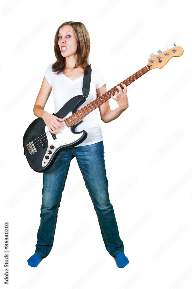 Cute teen girl with electric bass guitar isolated on white background ...