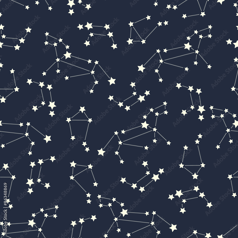 Seamless pattern with constellations of Leo, Libra, raven on space ...