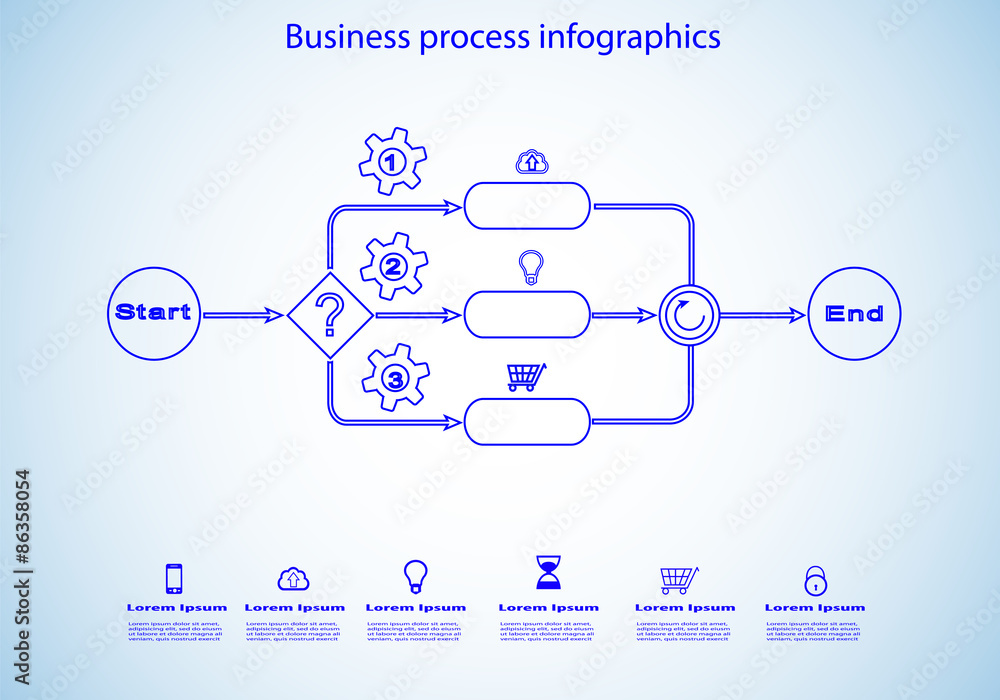 vector infographics of business process sketch in blue color with ...