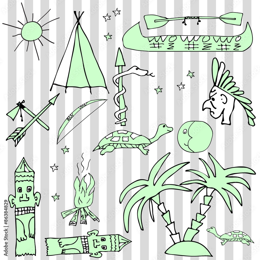 Hand drawn vector set with funny cartoon travel elements and objects on ...