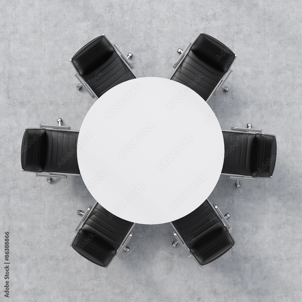 Top view of a conference room. A white round table and six chairs ...