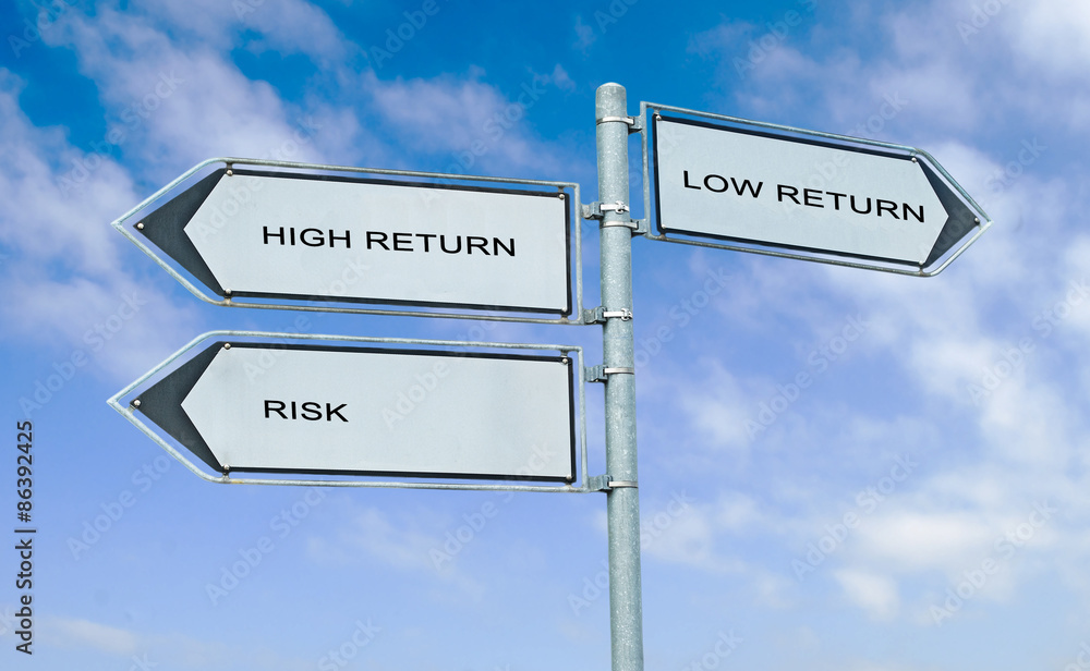 Direction road signs with words high return, low retur, profit Stock ...