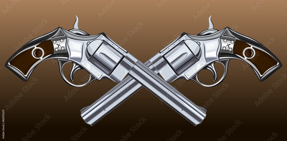 Realistic vintage revolvers on a brown background. Crossed pistols ...