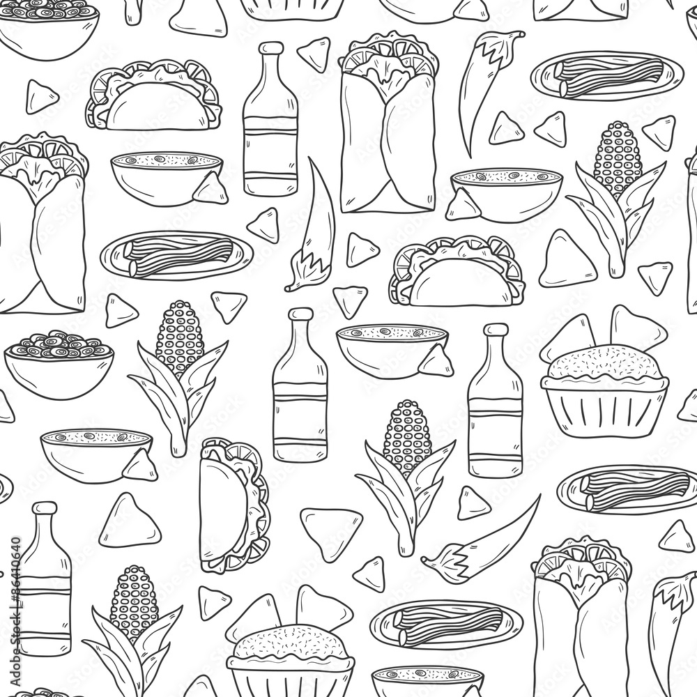 Seamless background with cute cartoon hand drawn outline objects Stock ...